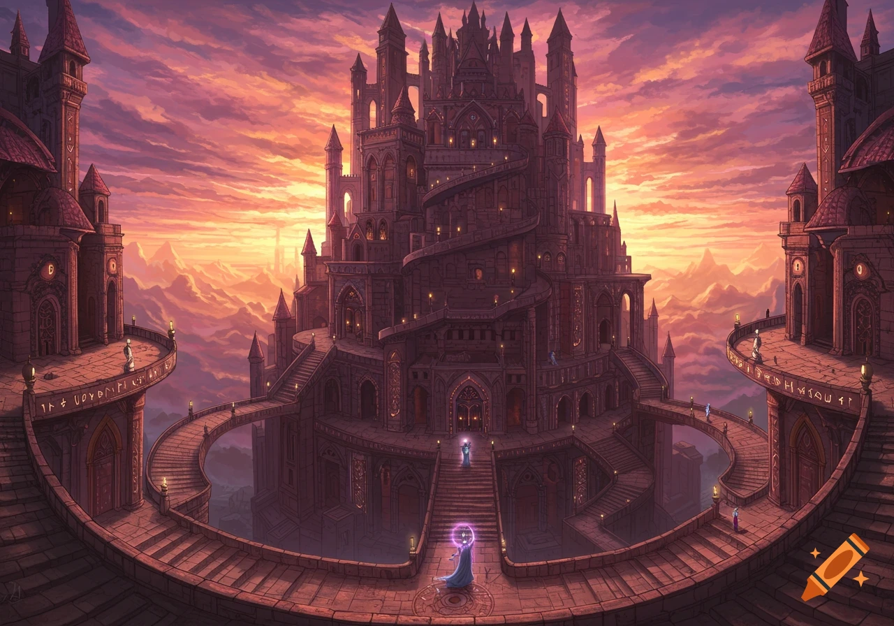 Ornate fantasy castle with spiraling stairs under a dramatic sunset sky ...