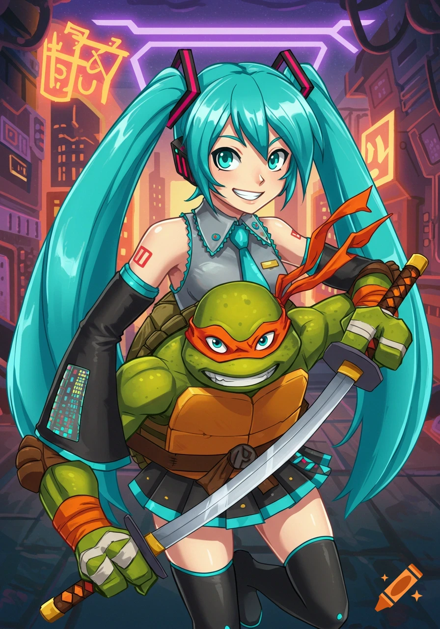 Anime style fusion of Hatsune Miku and a Ninja Turtle standing with a ...