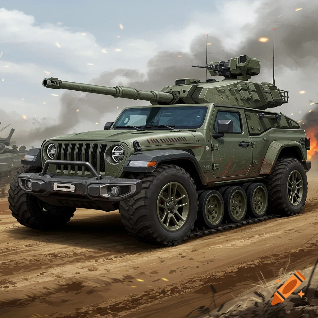 A hybrid Jeep-tank vehicle drives on a dirt road in a smoky combat ...