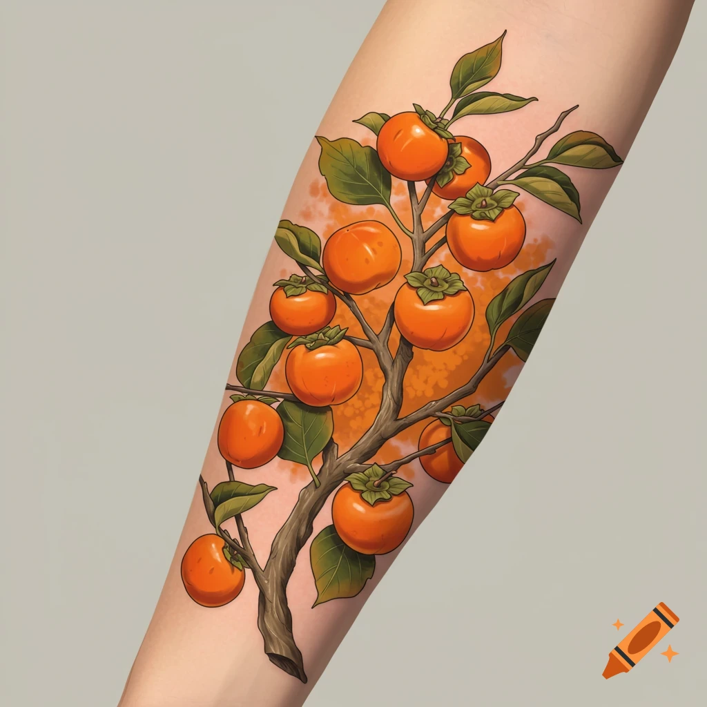 A tattoo of a persimmon tree with oranges fruits and green leaves on a ...