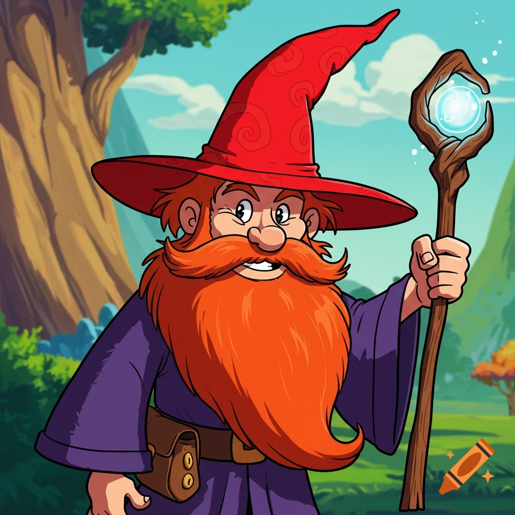 Cartoon red-bearded wizard in a red pointy hat and purple robe holding ...