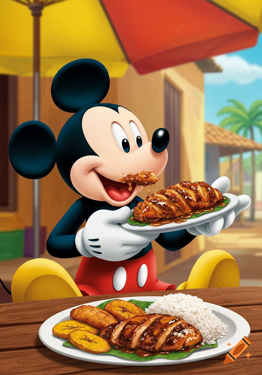 Mickey Mouse eating Jamaican food from a plate, featuring chicken, rice ...