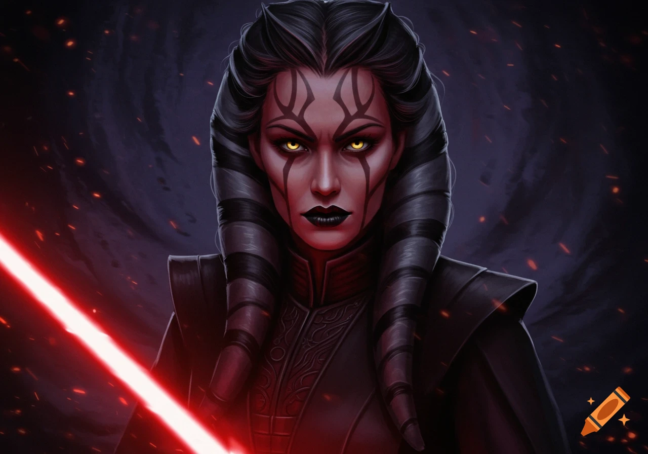 Portrait of a female Sith with red facial markings, yellow eyes, and a ...