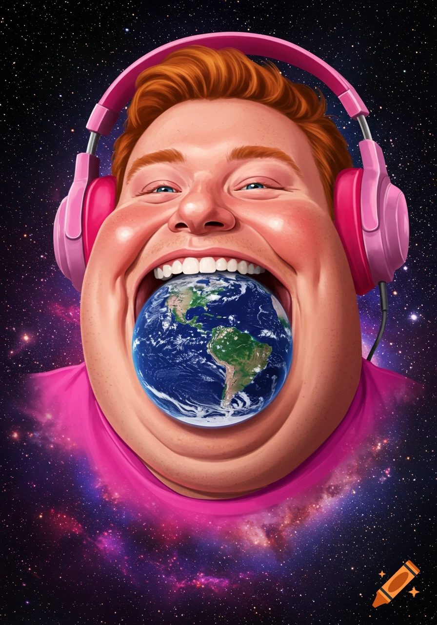 Cartoon illustration of a man with pink headphones eating planet Earth ...