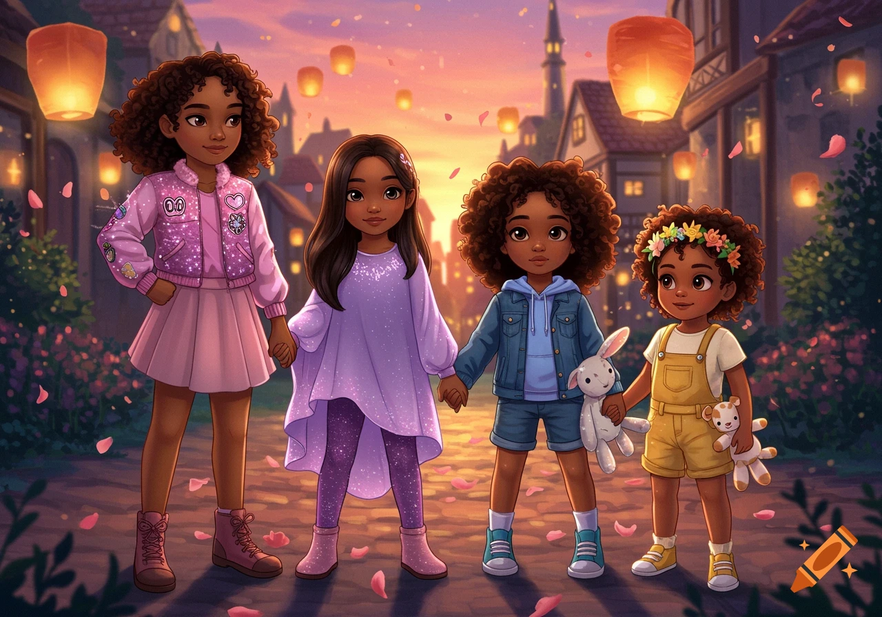 Four young sisters stand together in a whimsical enchanted town at sunset with glowing lanterns ...
