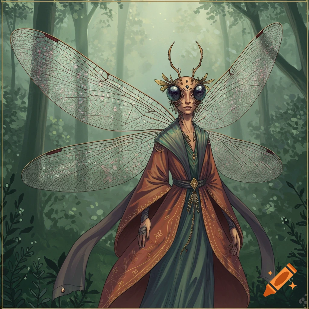 A humanoid creature with large dragonfly wings and compound eyes wears ...