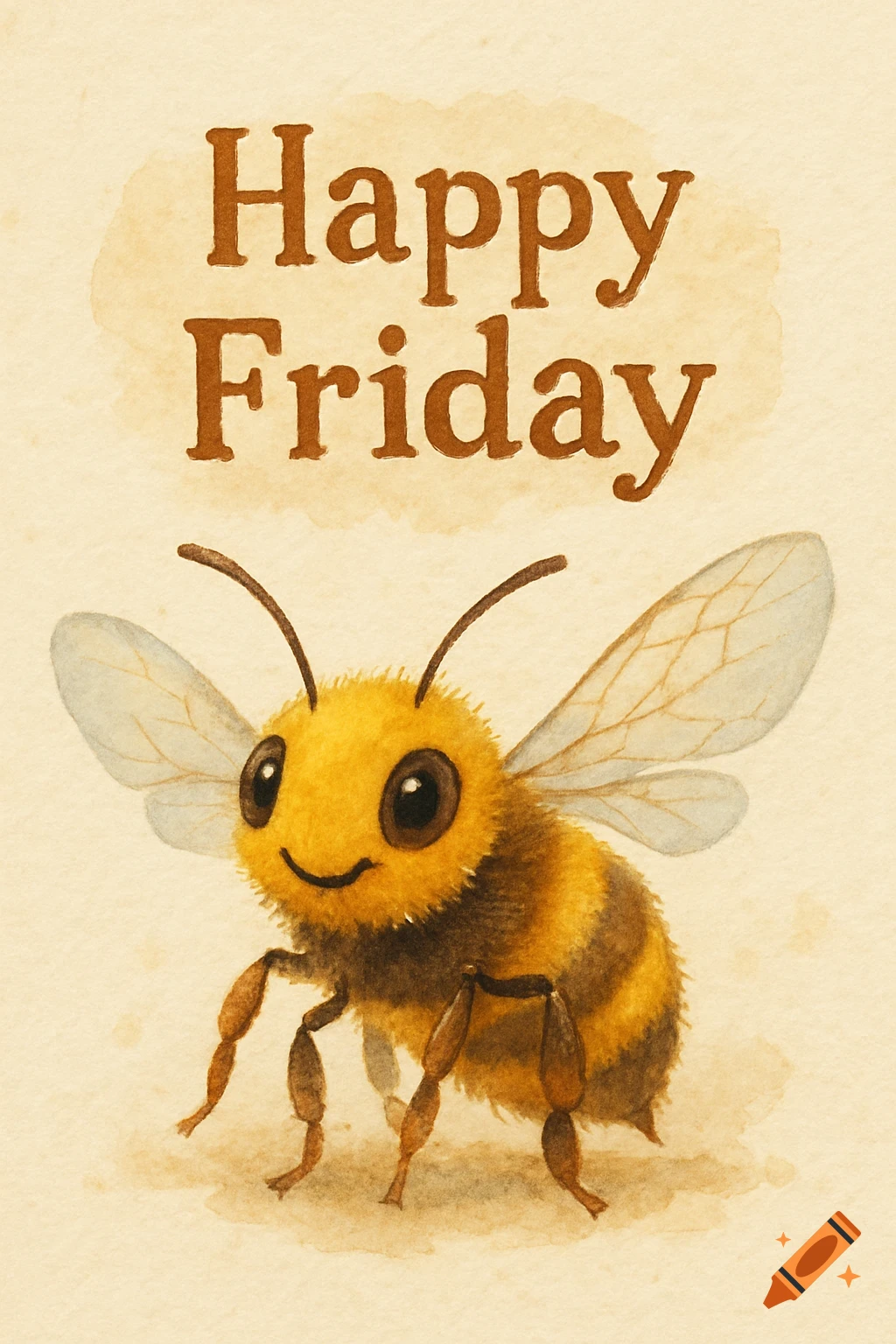 Cute watercolor illustration of a fuzzy bee with Happy Friday text on ...