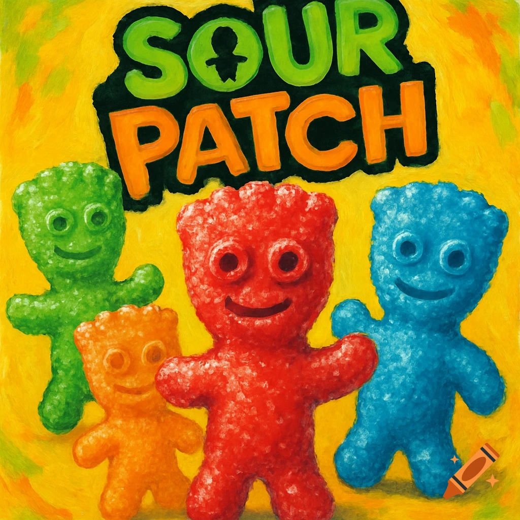 Four colorful Sour Patch Kids candies below the SOUR PATCH logo in a painterly style. on Craiyon