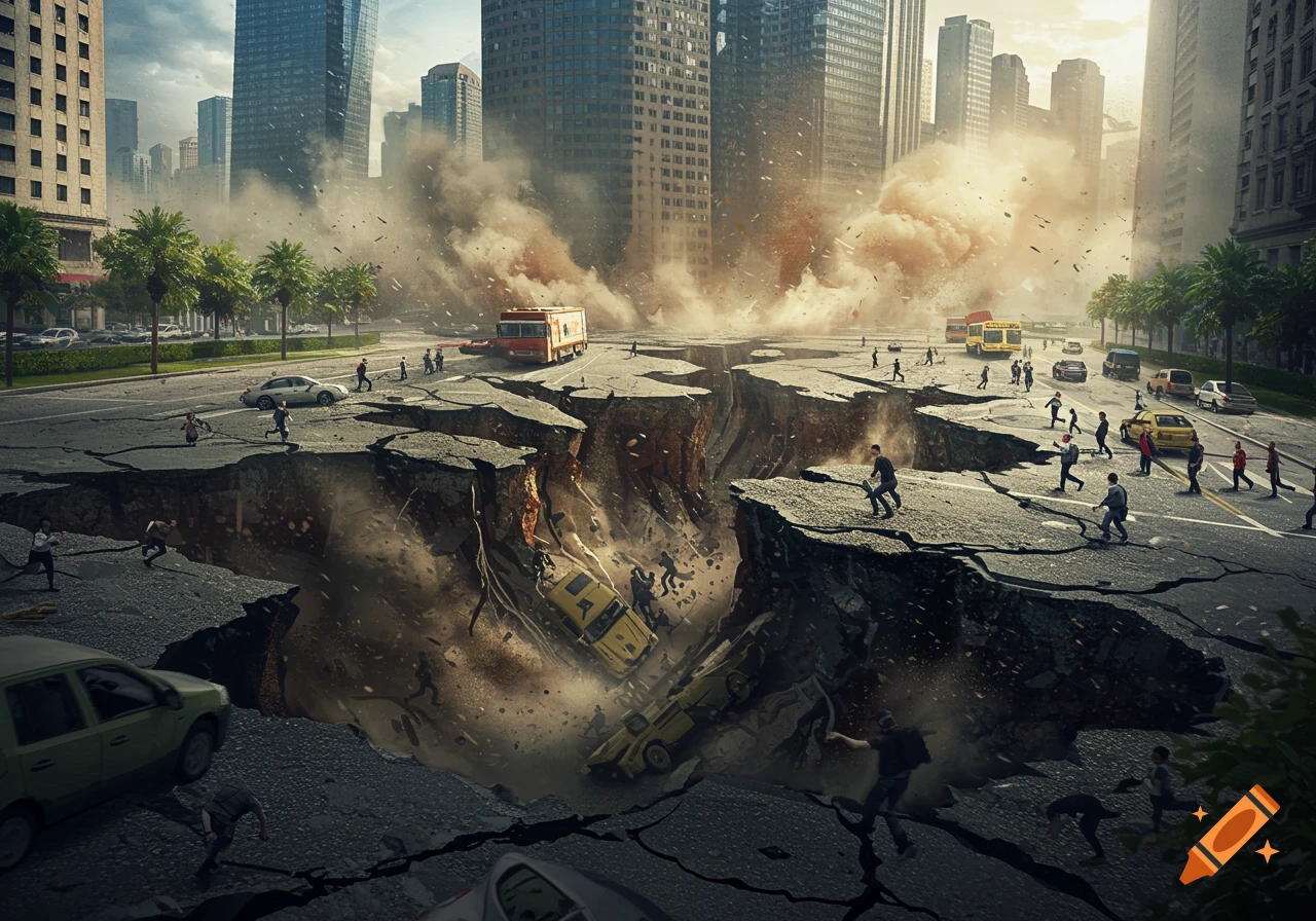A city street is ripped apart by a giant earthquake, with cars and ...