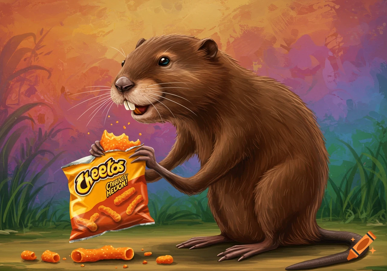 An illustrated muskrat holds a bag of Cheetos, eating one. Spilled ...