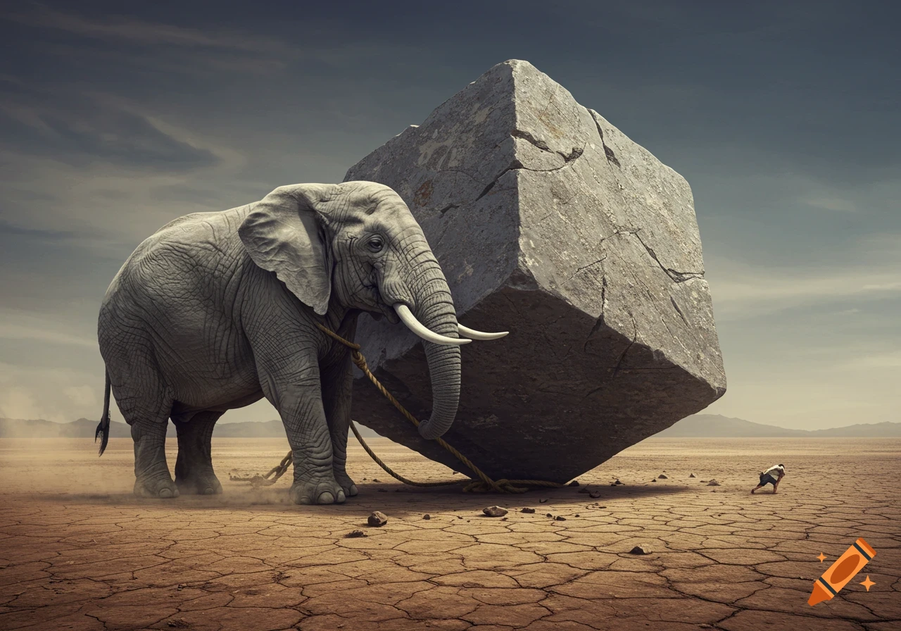 An elephant pulls a huge rock across a cracked desert landscape with a ...