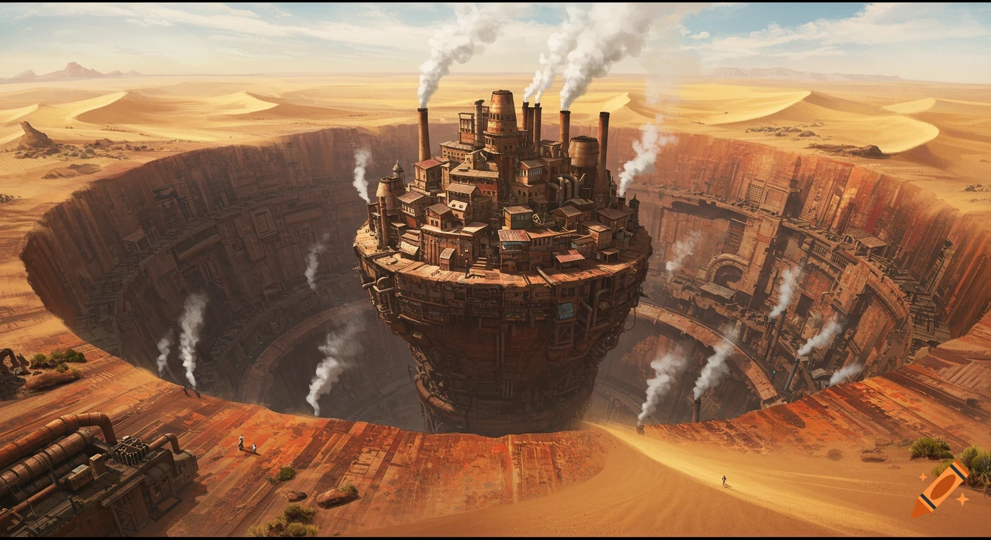 A detailed view of a large steampunk town built inside a deep, rusty pit in the middle of a vast ...