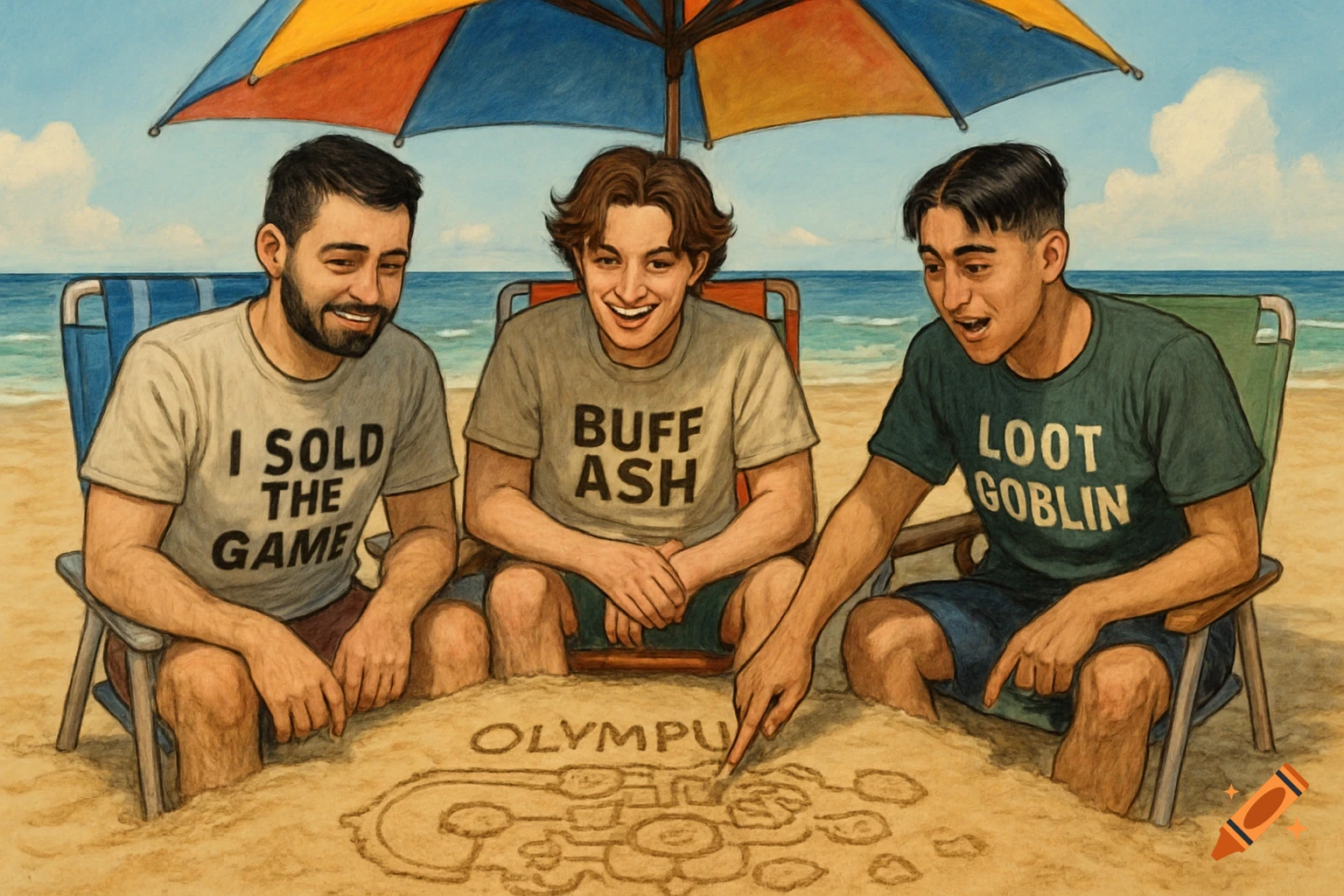 Three guys sit in beach chairs under an umbrella, drawing an Apex ...