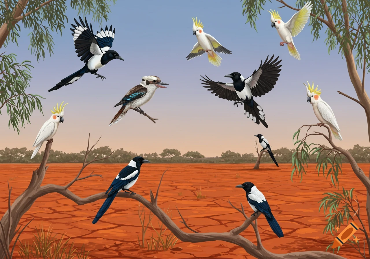 Illustration of Australian birds including magpies, kookaburra, and ...