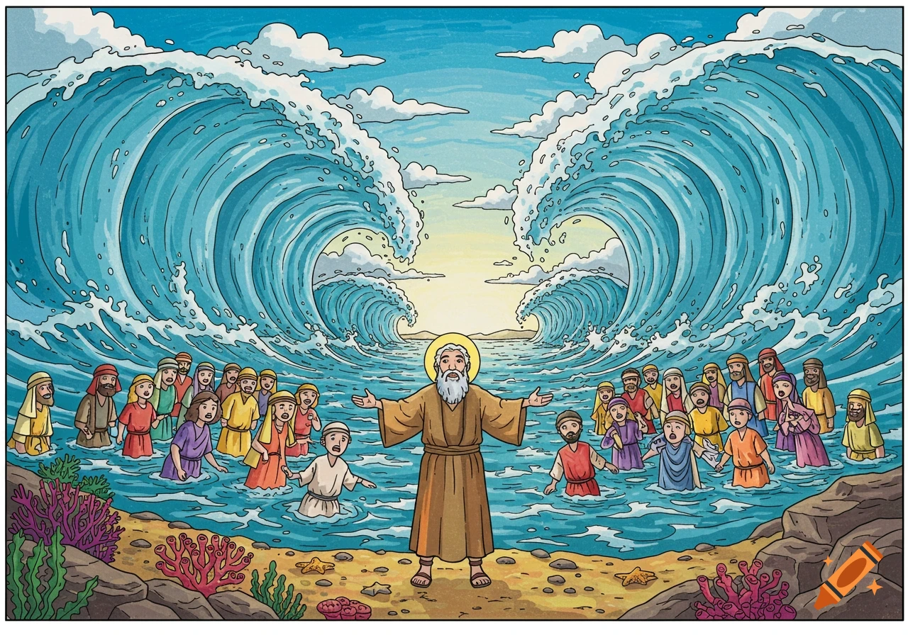 Illustration of Moses parting the Red Sea, with people walking through ...
