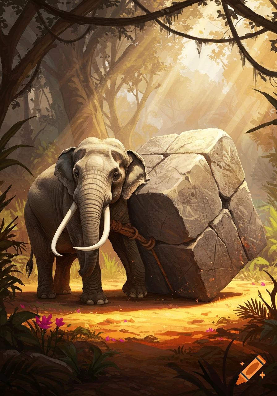 An elephant pulls a large rock through a sunlit jungle on Craiyon