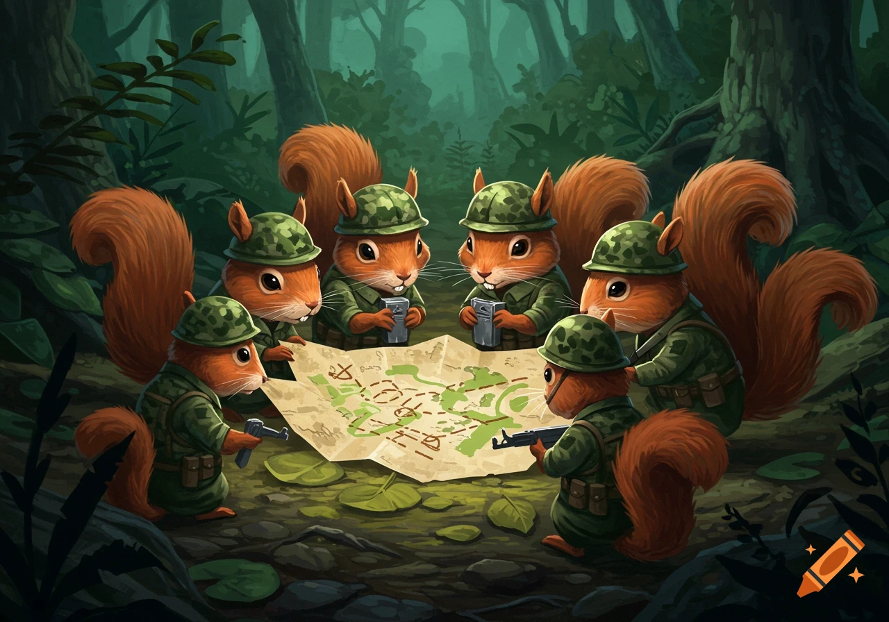 Seven cartoon squirrels in military gear examine a map in a forest. on ...