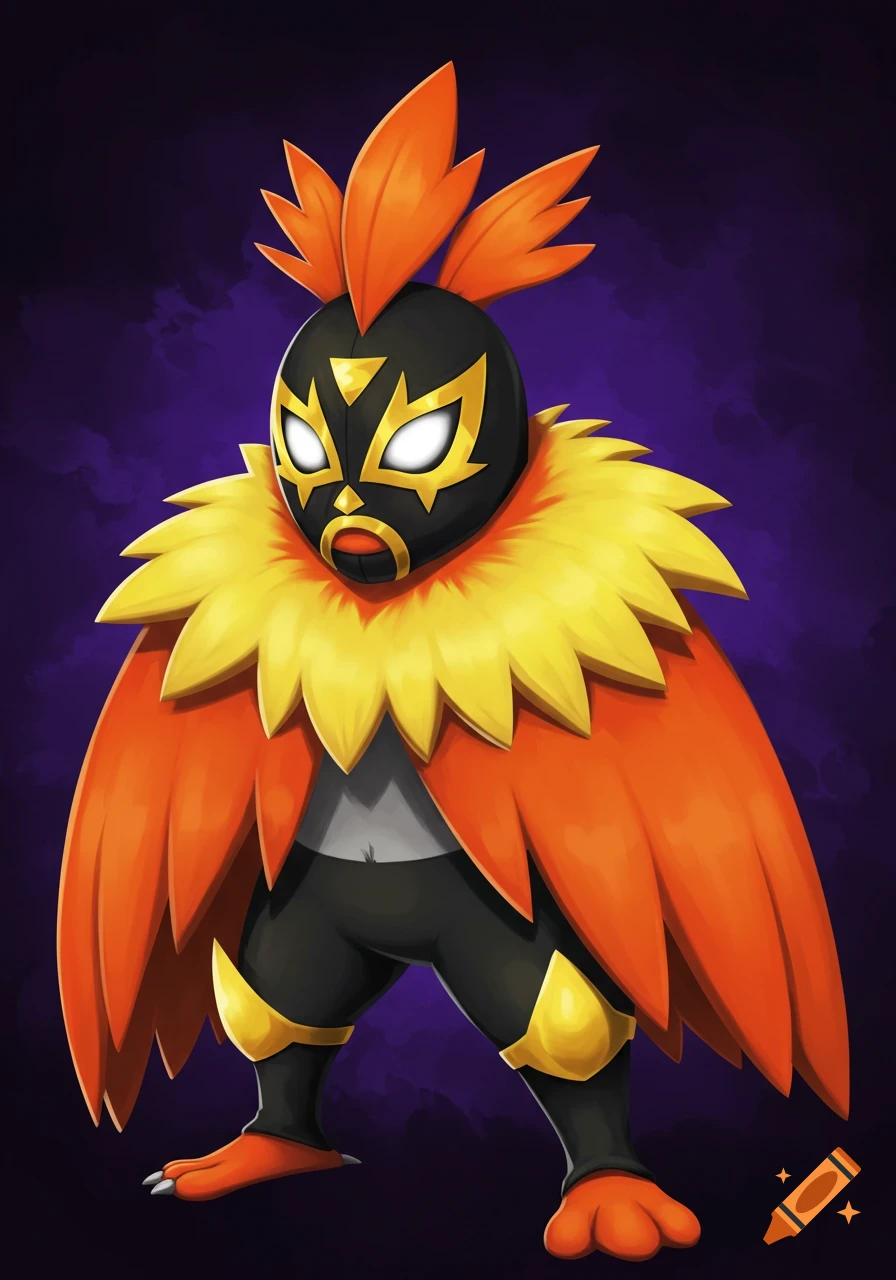 Illustration of Mega Hawlucha wearing a black and gold wrestling mask ...