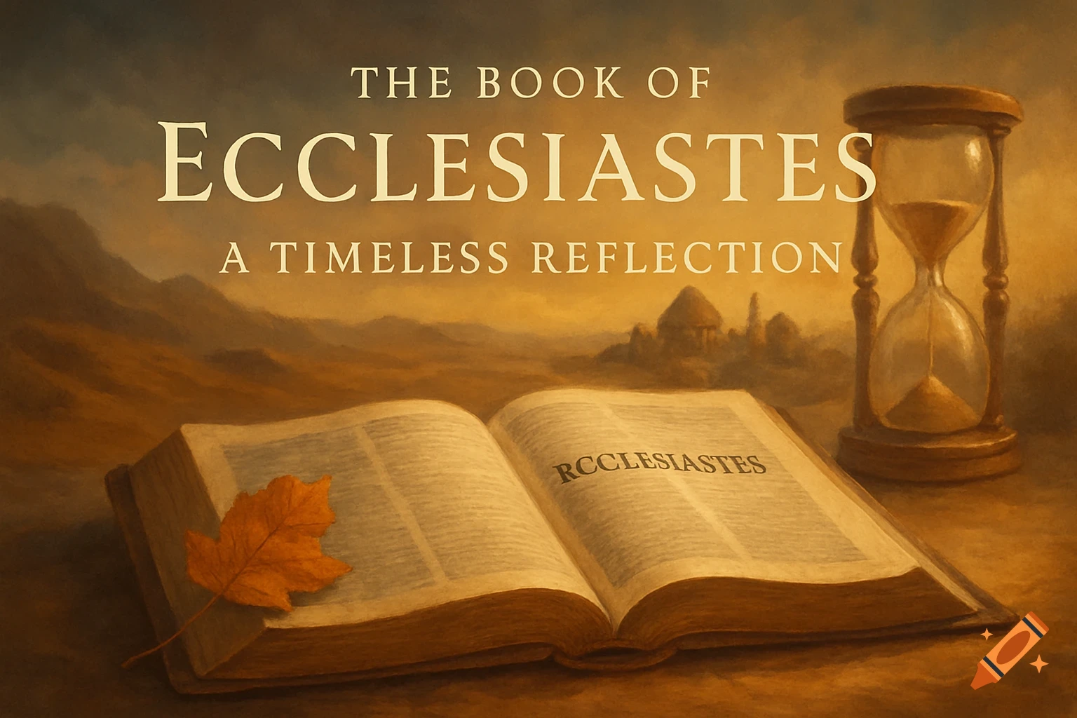 Painting of an open book with text, an hourglass, and a leaf in a ...