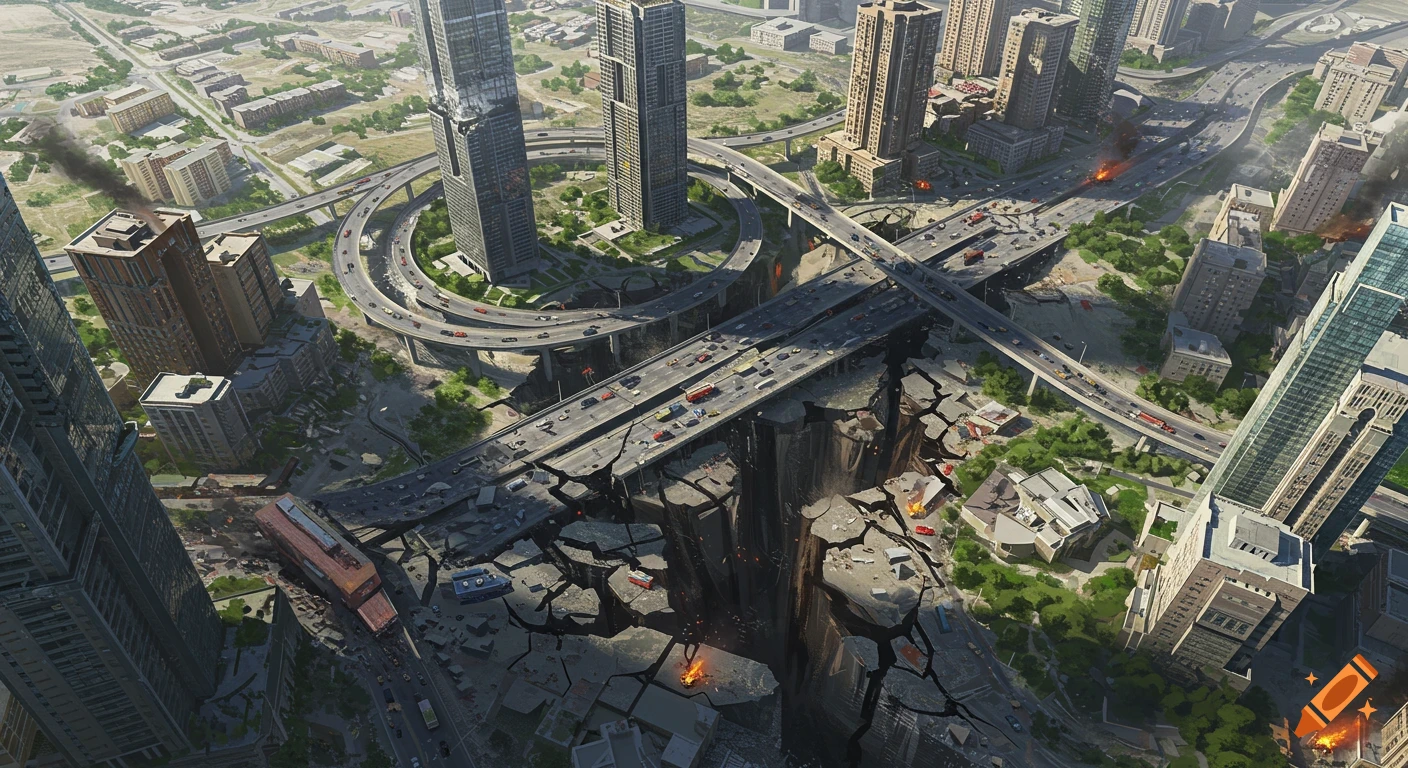 Aerial view of a city during a large earthquake, with collapsing ...