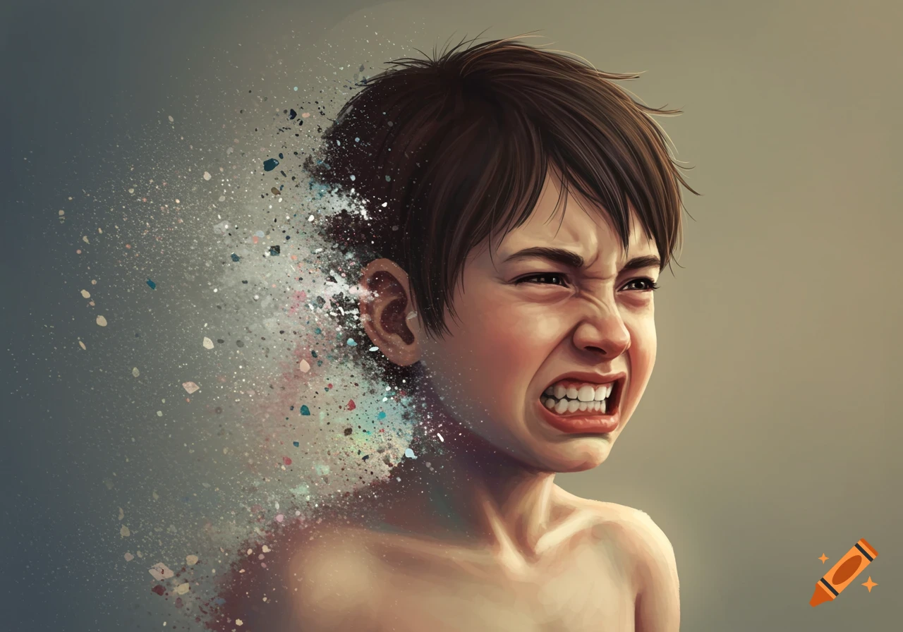 Close-up digital painting of a boy clenching his teeth as his head ...