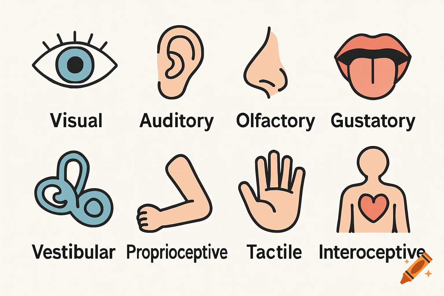 Diagram illustrating the 8 sensory systems with icons and labels. on ...