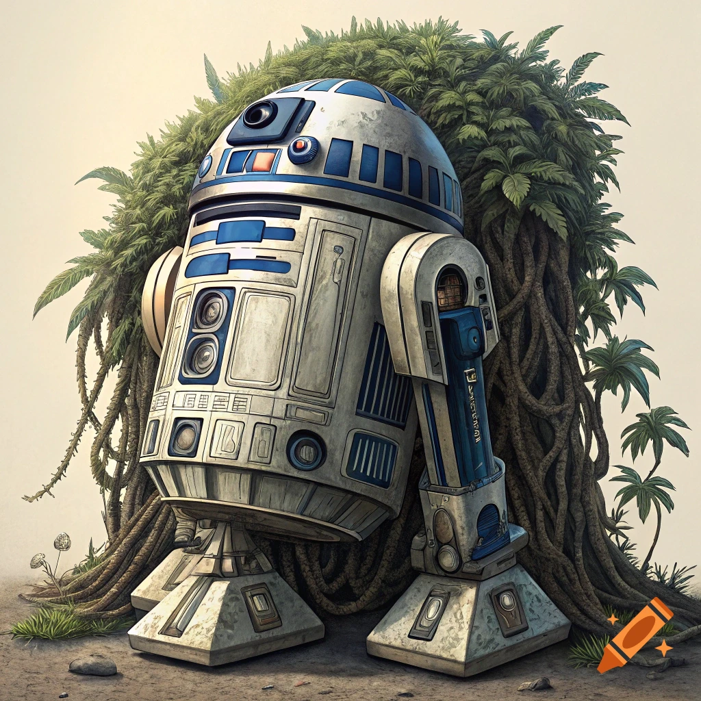 R2D2 robot standing with vine dreadlocks in a landscape. on Craiyon