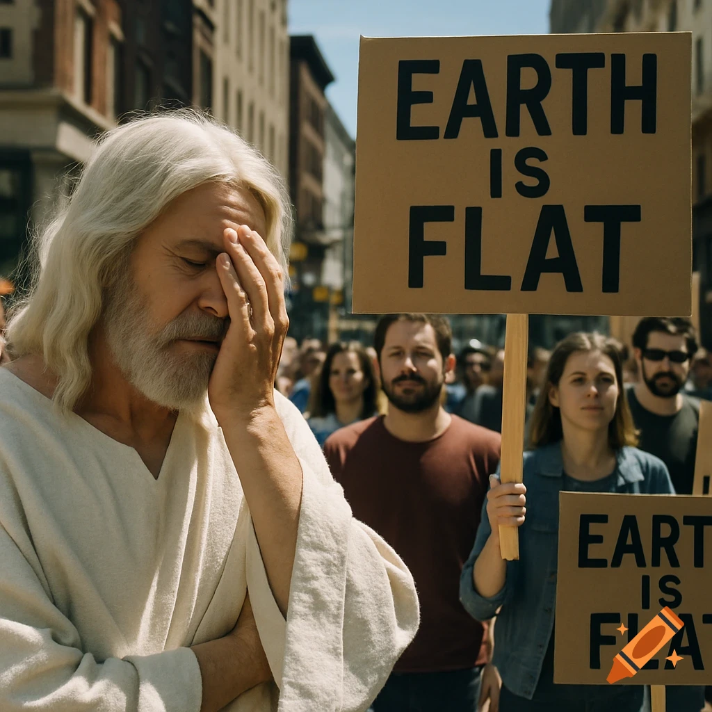 Figure resembling Jesus facepalming at people holding 'Earth is Flat ...