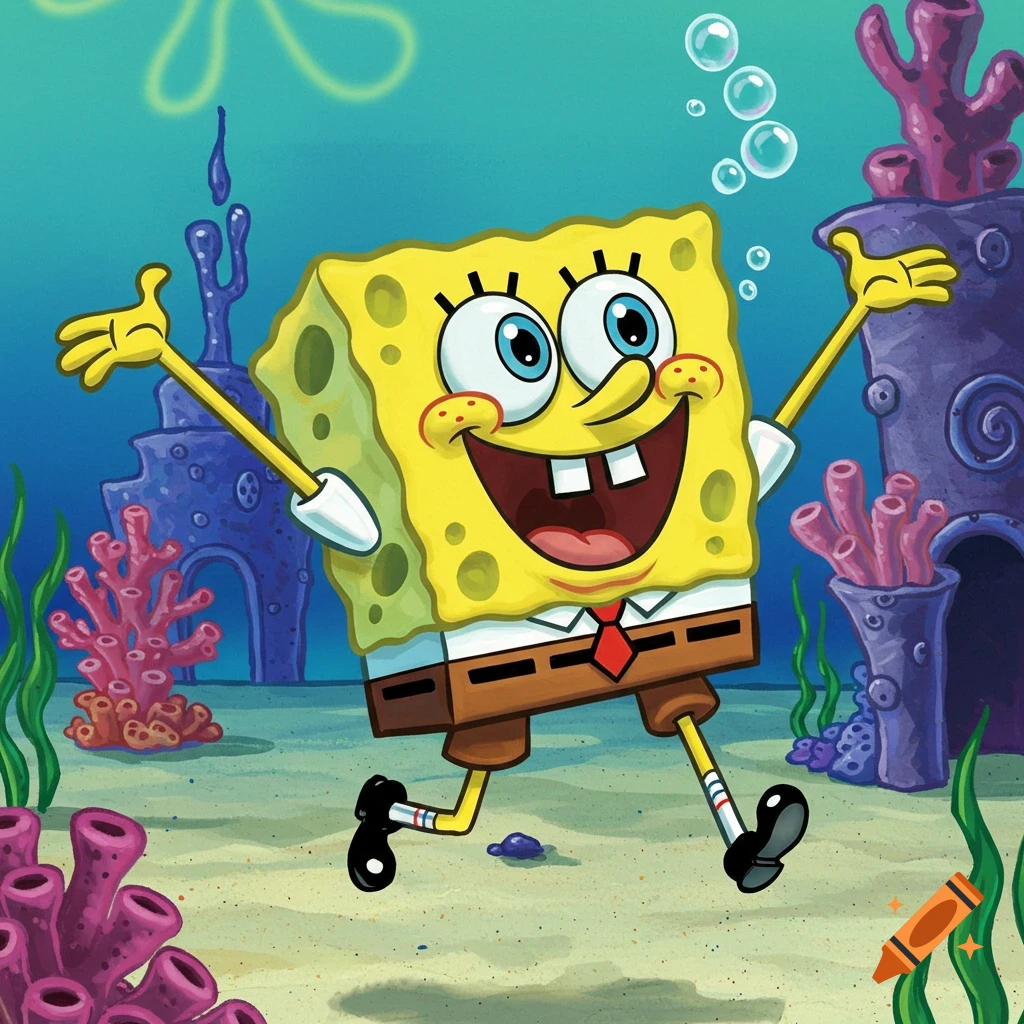 SpongeBob SquarePants jumps excitedly underwater. on Craiyon