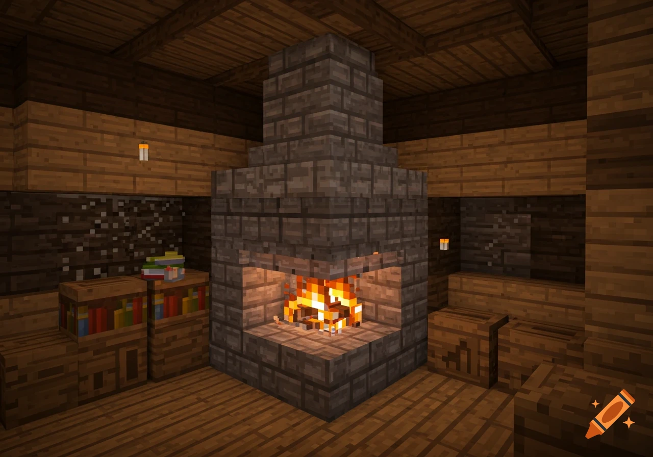 A lit stone fireplace inside a wooden cabin in Minecraft. on Craiyon