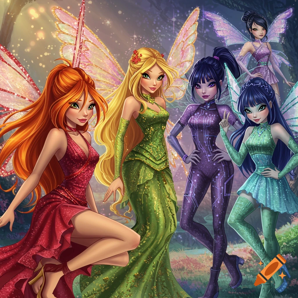 Illustration of five Winx Club fairies with bright wings and colorful ...
