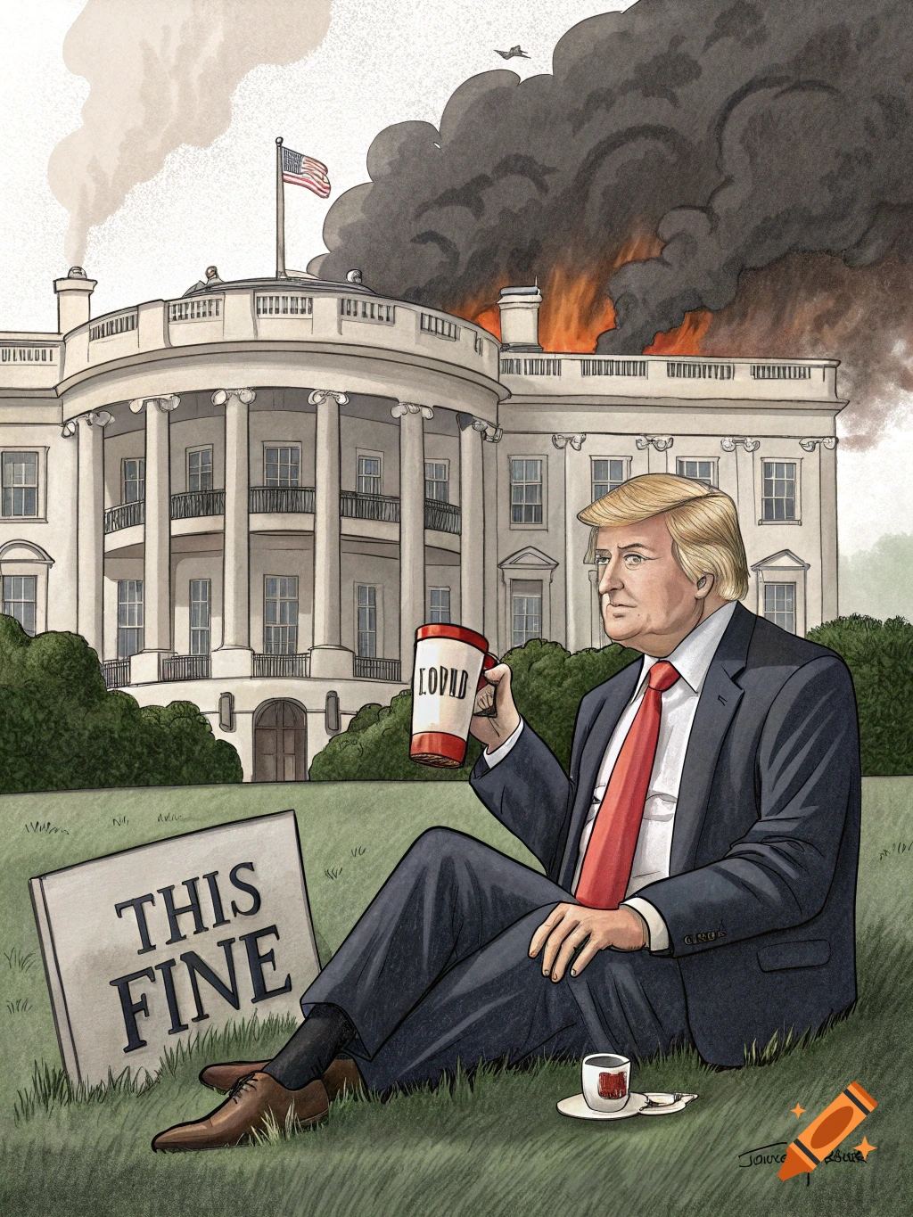 Political cartoon of Donald Trump sitting in front of the burning White ...