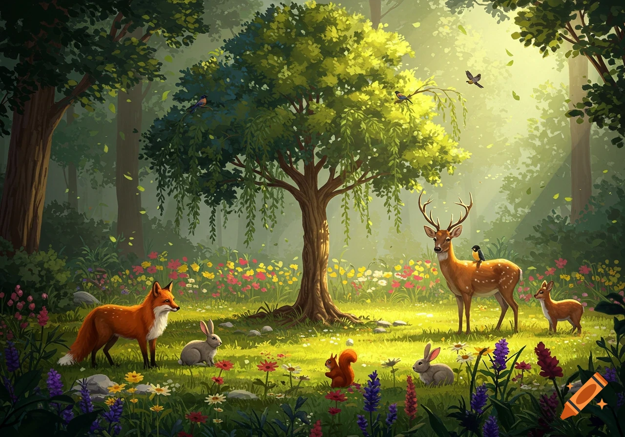 A sunny forest clearing with a fox, deer, rabbits, squirrel, and birds ...
