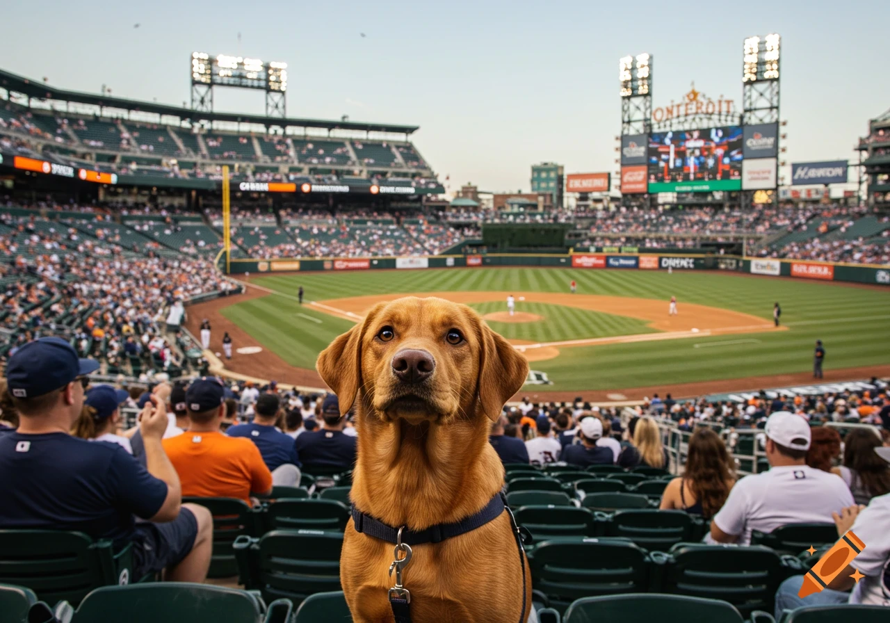 A dog sits in the stands watching a baseball game in a stadium. on Craiyon