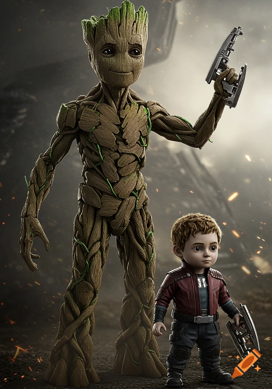 Realistic image of tall Groot and child Star-Lord holding guns in a ...