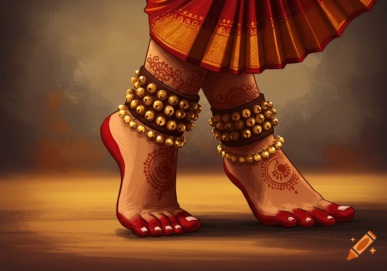 Close-up of feet wearing ghungroo ankle bells and henna, painted red ...