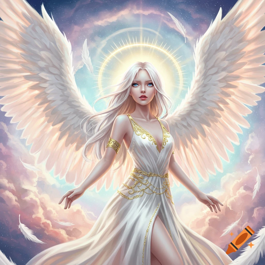 An angel with large white wings, a halo, and a white dress stands in ...