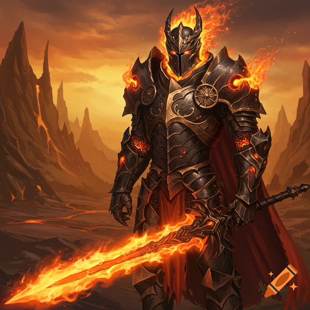 A fire knight in black armor holding a fiery sword stands in a volcanic ...