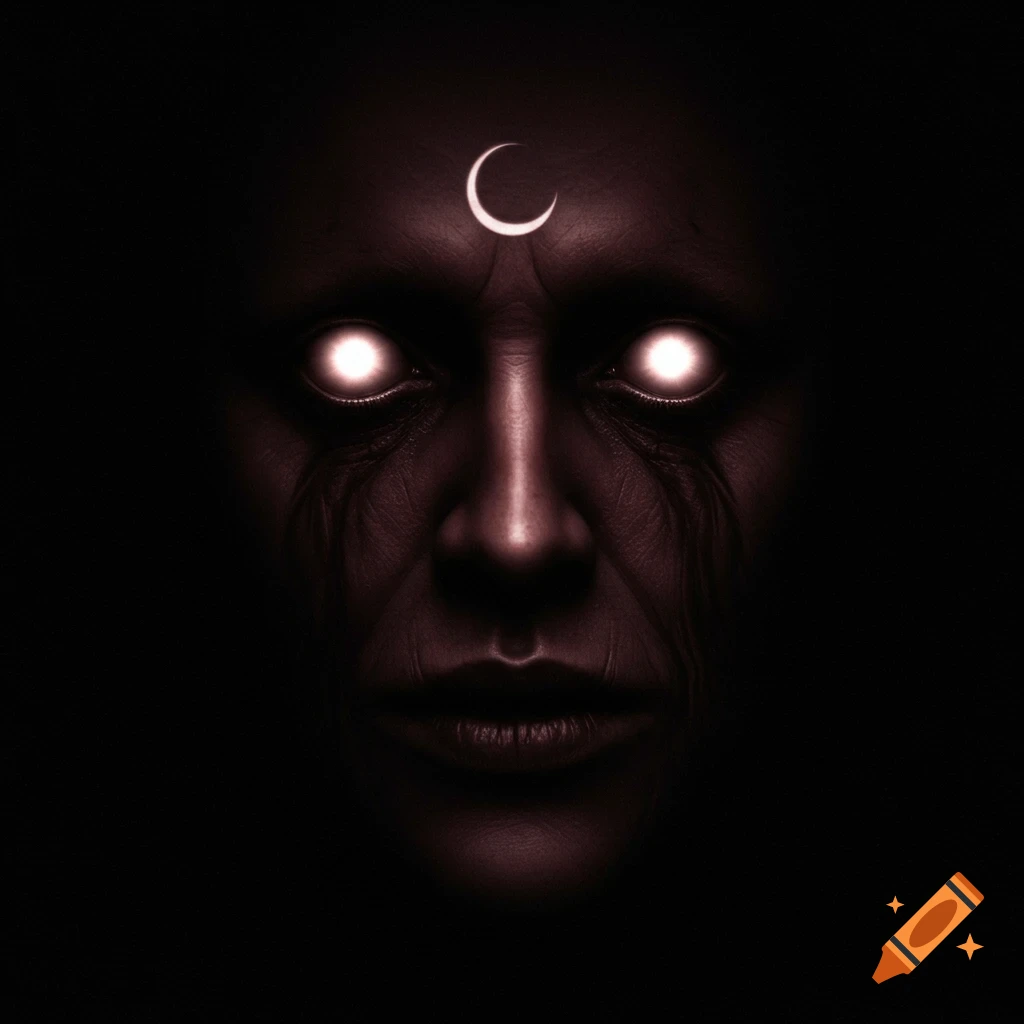 Close-up of a dark, eerie face with glowing white eyes and a crescent ...