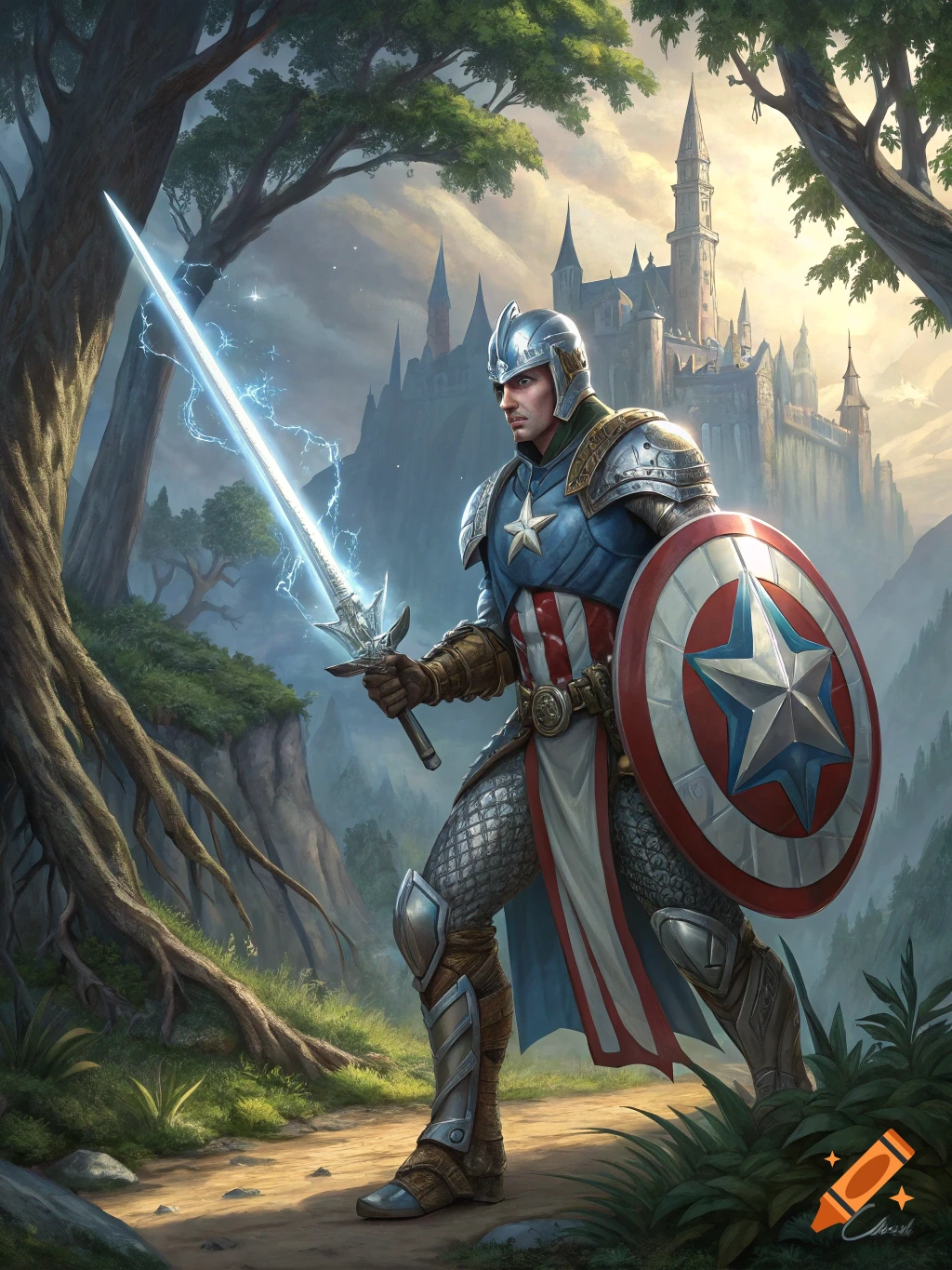 Captain America as a medieval paladin in armor with a glowing sword and ...