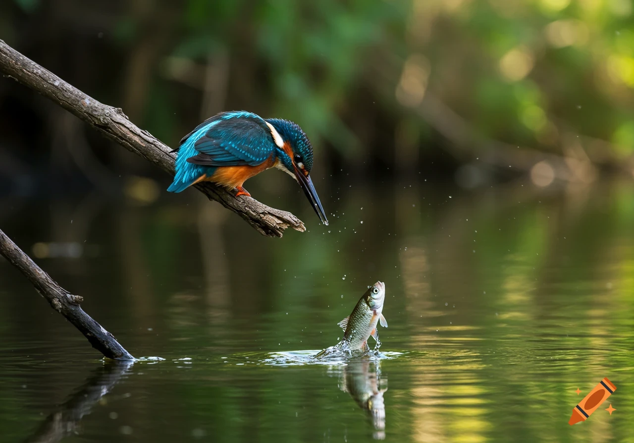 Kingfisher bird perched on a branch poised to catch a fish jumping from ...