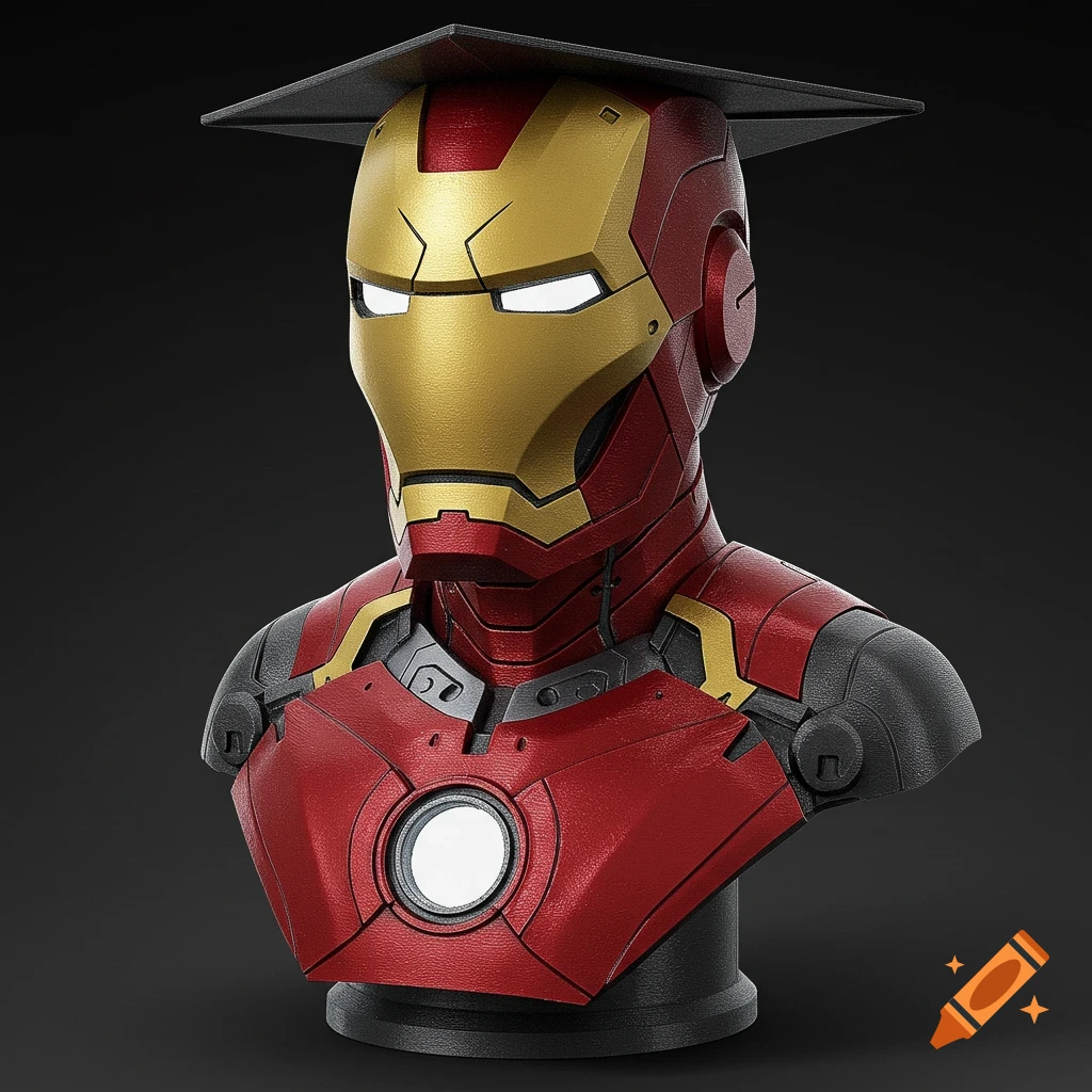 A bust of Iron Man wearing a black graduation cap. on Craiyon