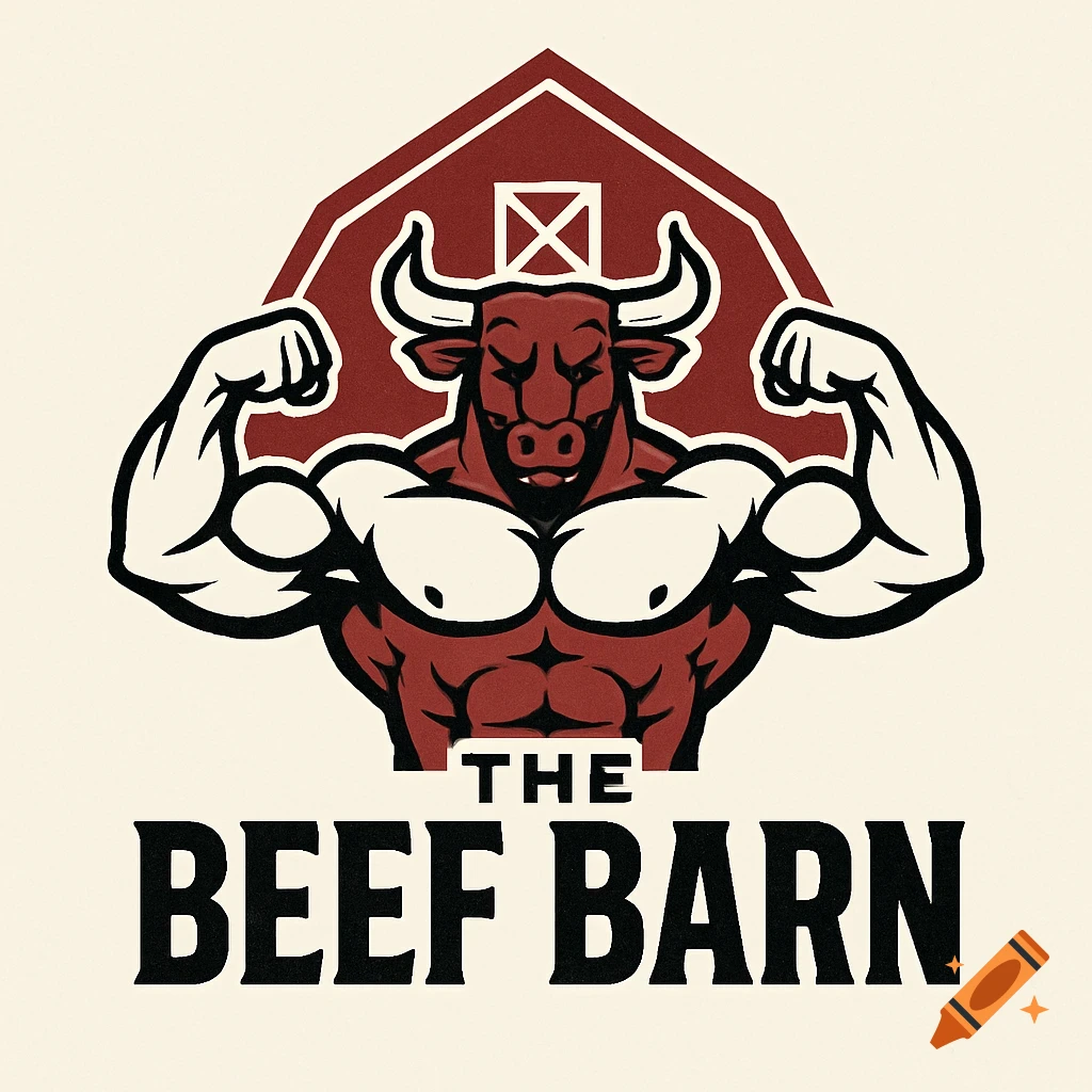 Logo of a muscular bull flexing in front of a barn, with the text 'THE ...