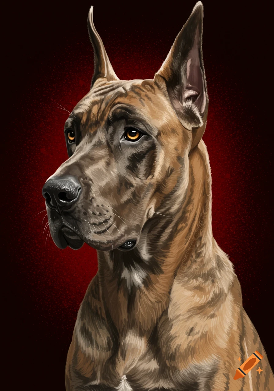 Digital illustration portrait of a brown brindle dog with pointed ears ...