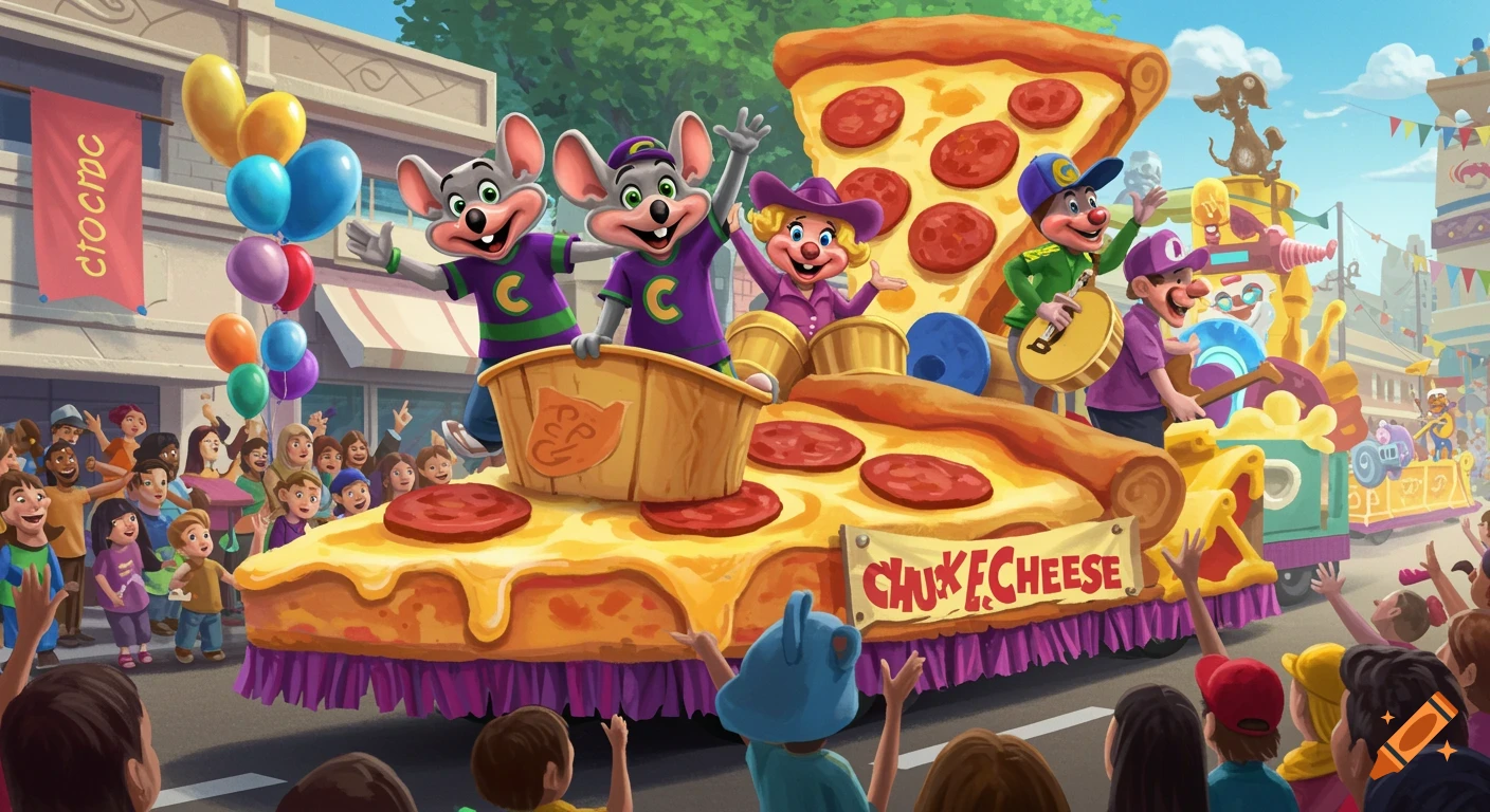 Chuck E. Cheese and friends ride a giant pizza parade float, waving to ...