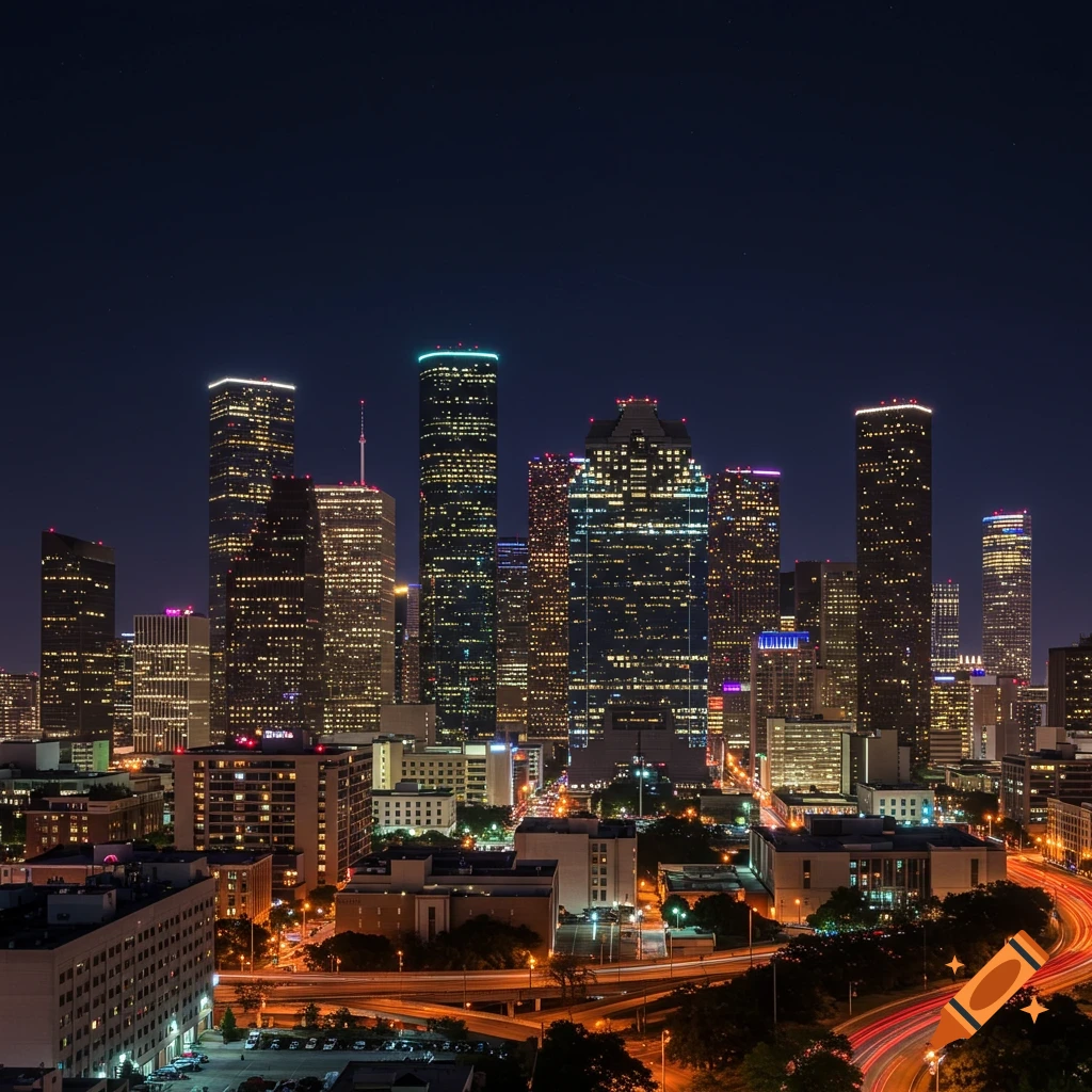 Houston skyline at night with city lights and streaking car headlights ...