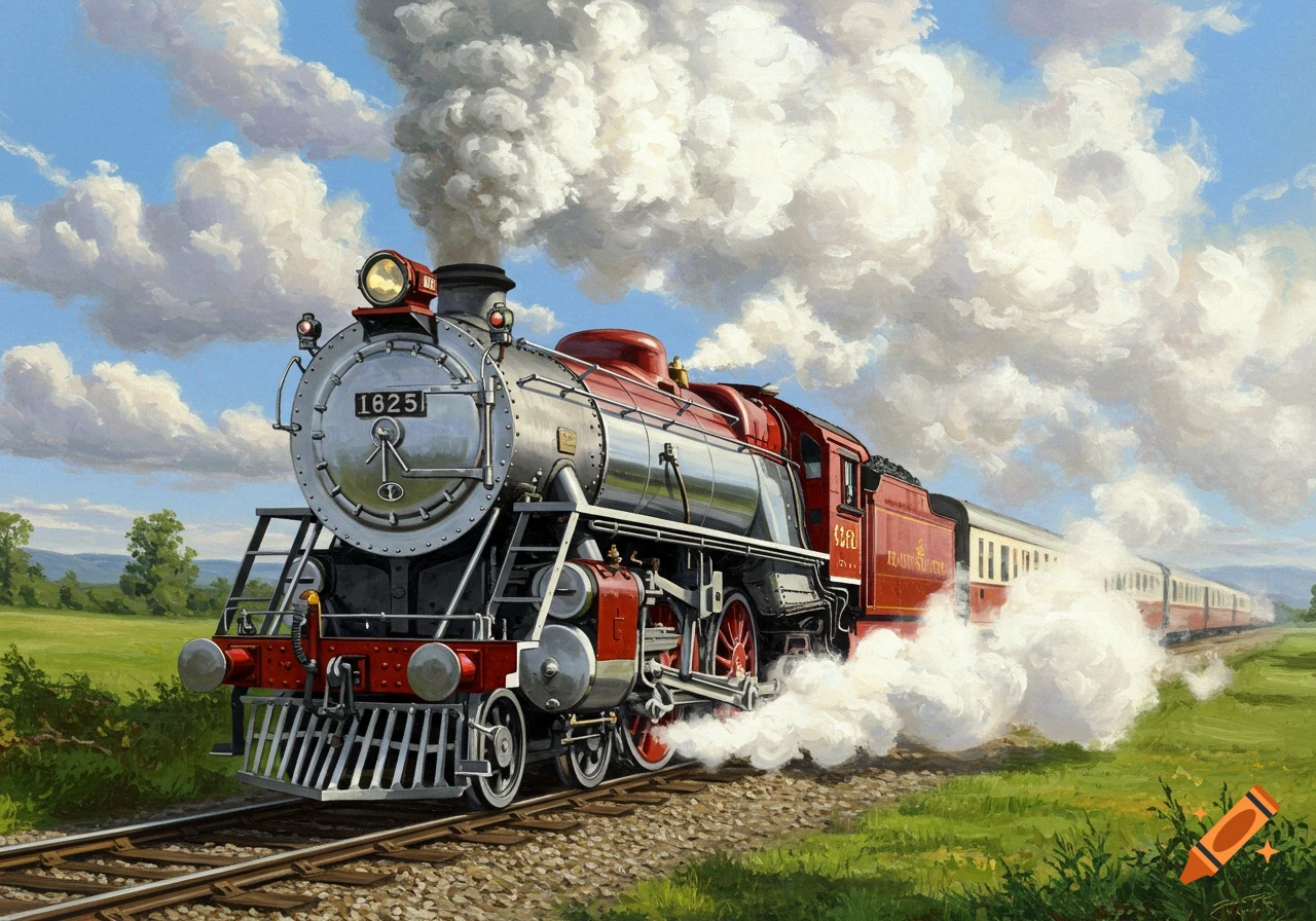 Illustration of a red and silver steam train traveling through a green ...