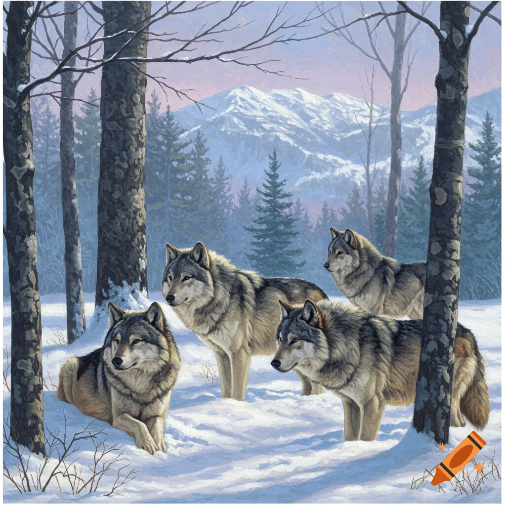 Four wolves stand and lie in a snowy forest with mountains in the ...