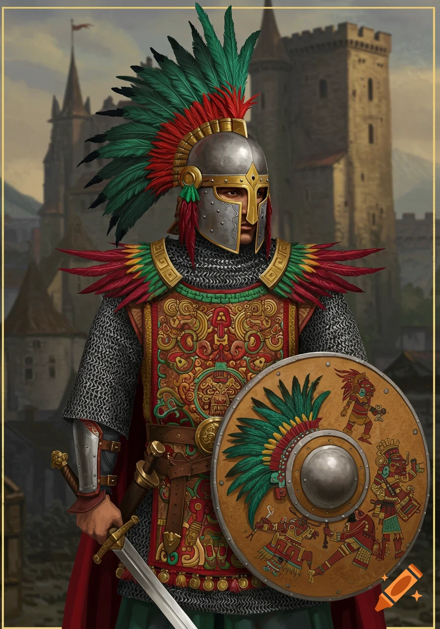 Portrait of a warrior in medieval-style armor decorated with Aztec ...