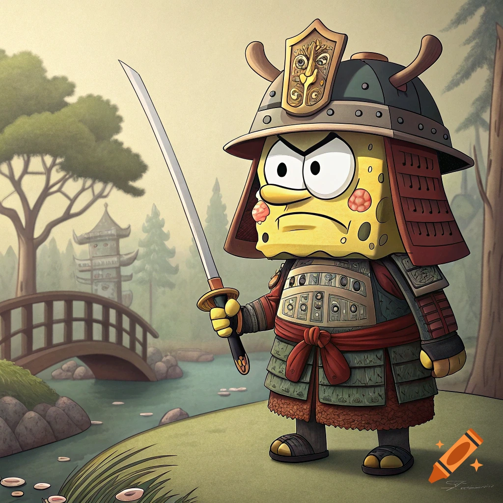 Cartoon drawing of SpongeBob SquarePants dressed as a samurai holding a ...